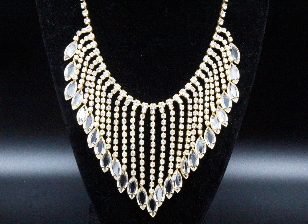 Vintage Bridal 50's Fancy Bezel Set Rhinestones Waterfall Bib Necklace ...