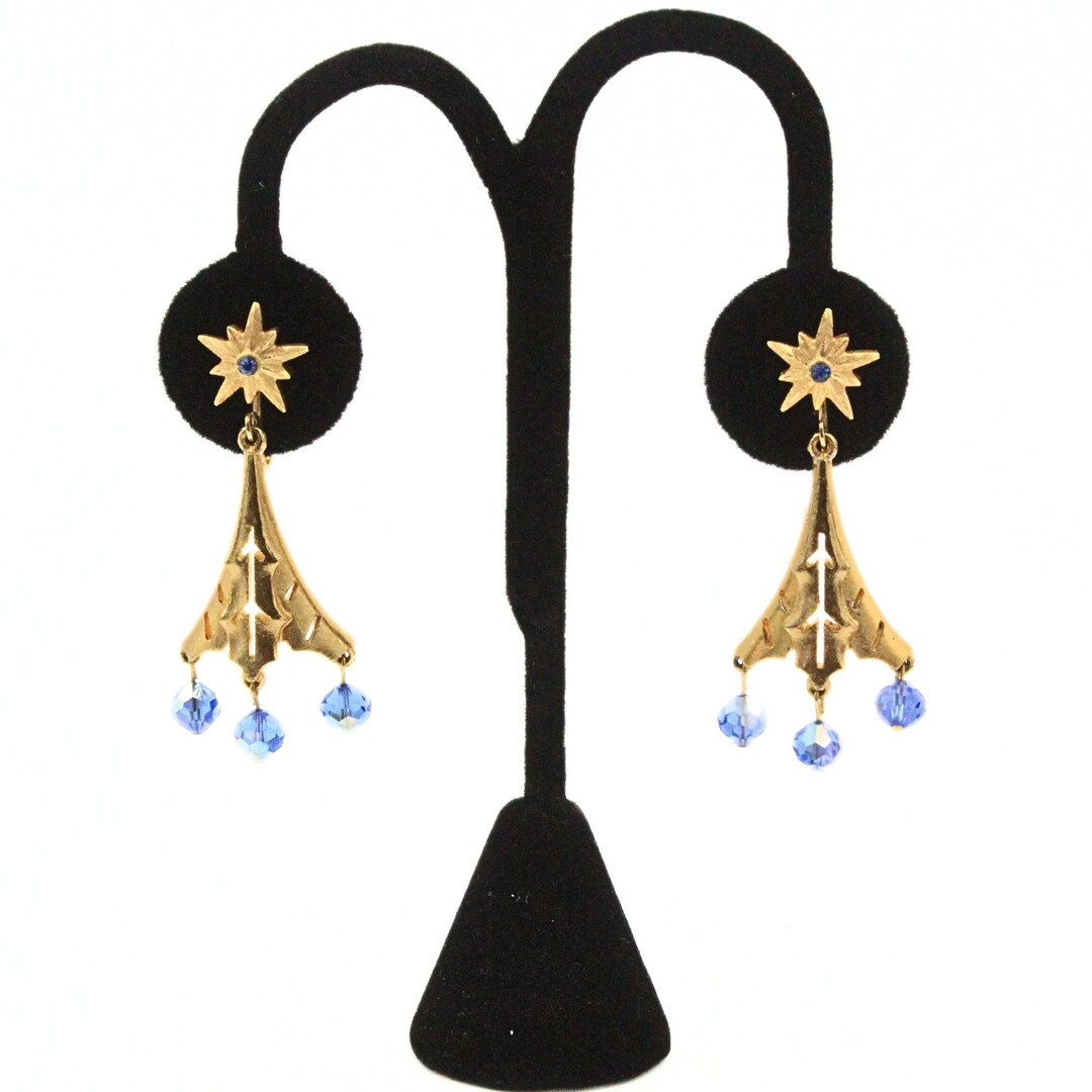 Sweet MYLU Signed Gold Tone Textured Cut Out Blue Glass Dangle Drop ...