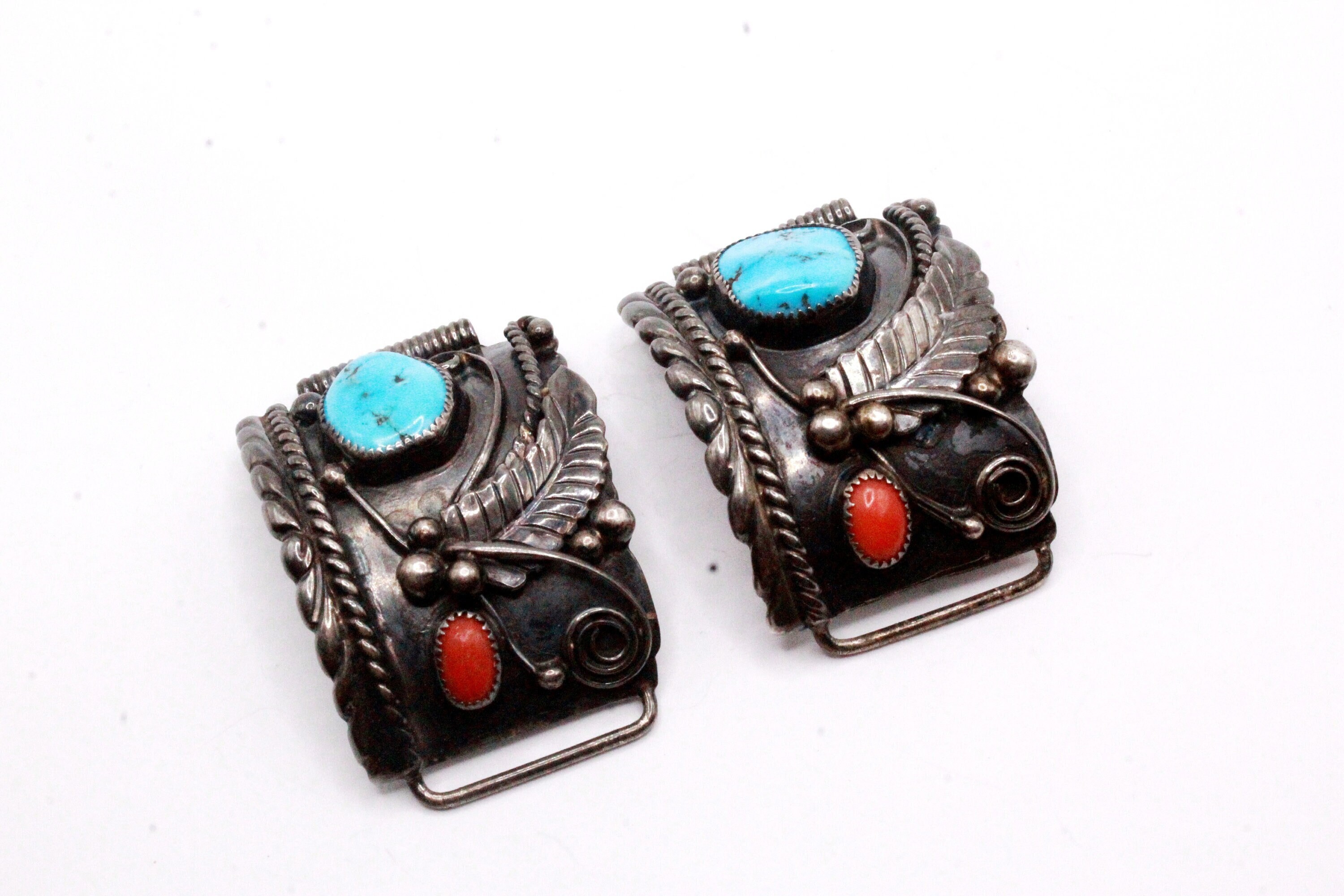 Vintage Sterling Silver Navajo Native American Turquoise Coral Leaf ...