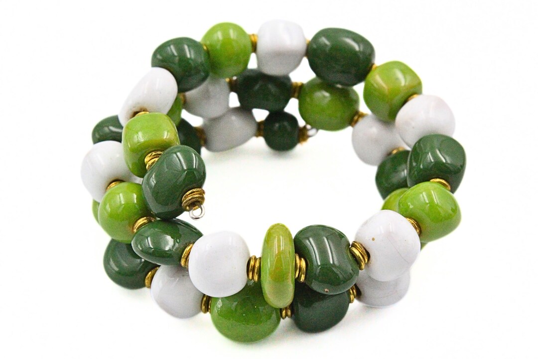 Retro Green White Celluloid Beads Wire Wrap Bracelet - Etsy