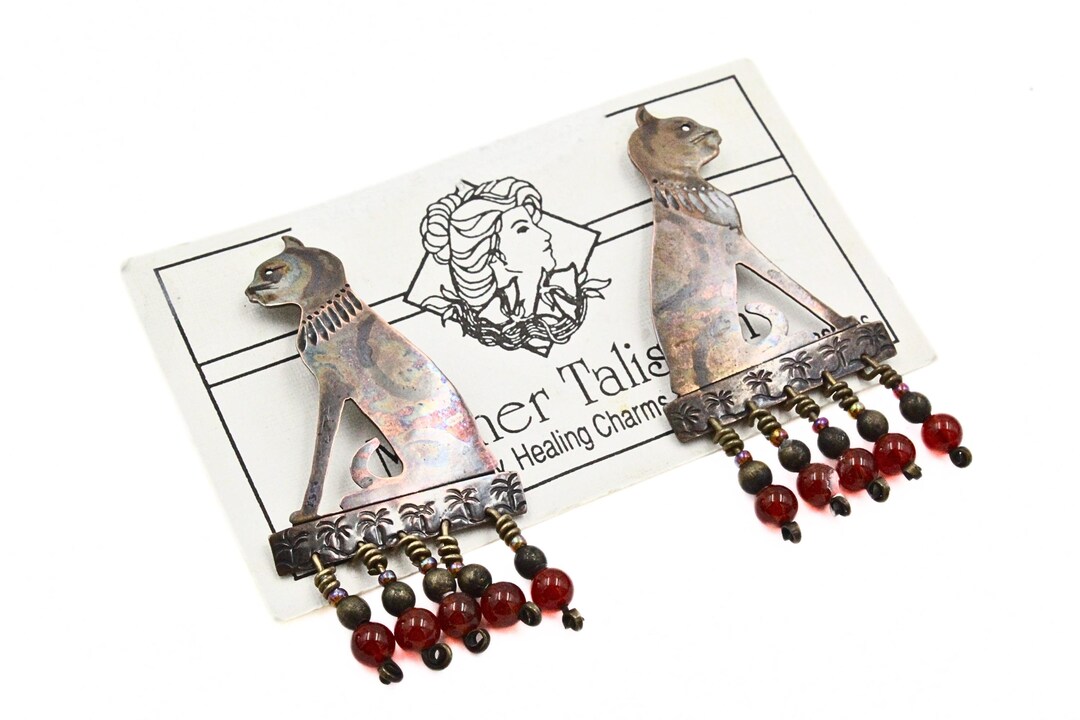 Mother Talisman Figural Feline Cat Copper Carnelian Bead Boho Earrings ...