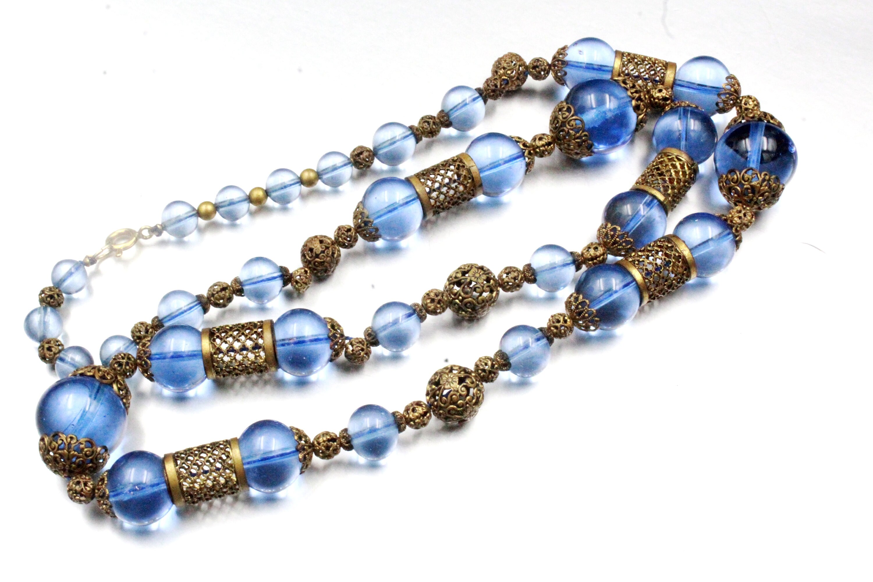 Vintage 40's Barrel Cobalt Blue Bead Graduating Filigree Art Deco Long ...