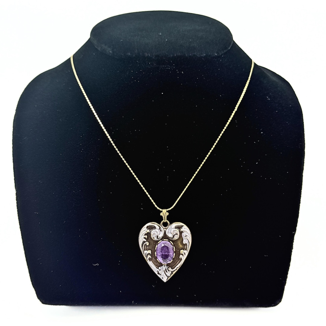 Charming Victorian Style Silver Plate Purple Stone Heart Pendant ...