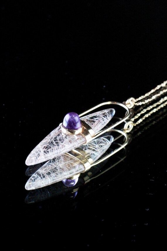 14k Gold Modern Rutilated Quartz Amethyst Necklace - Gem