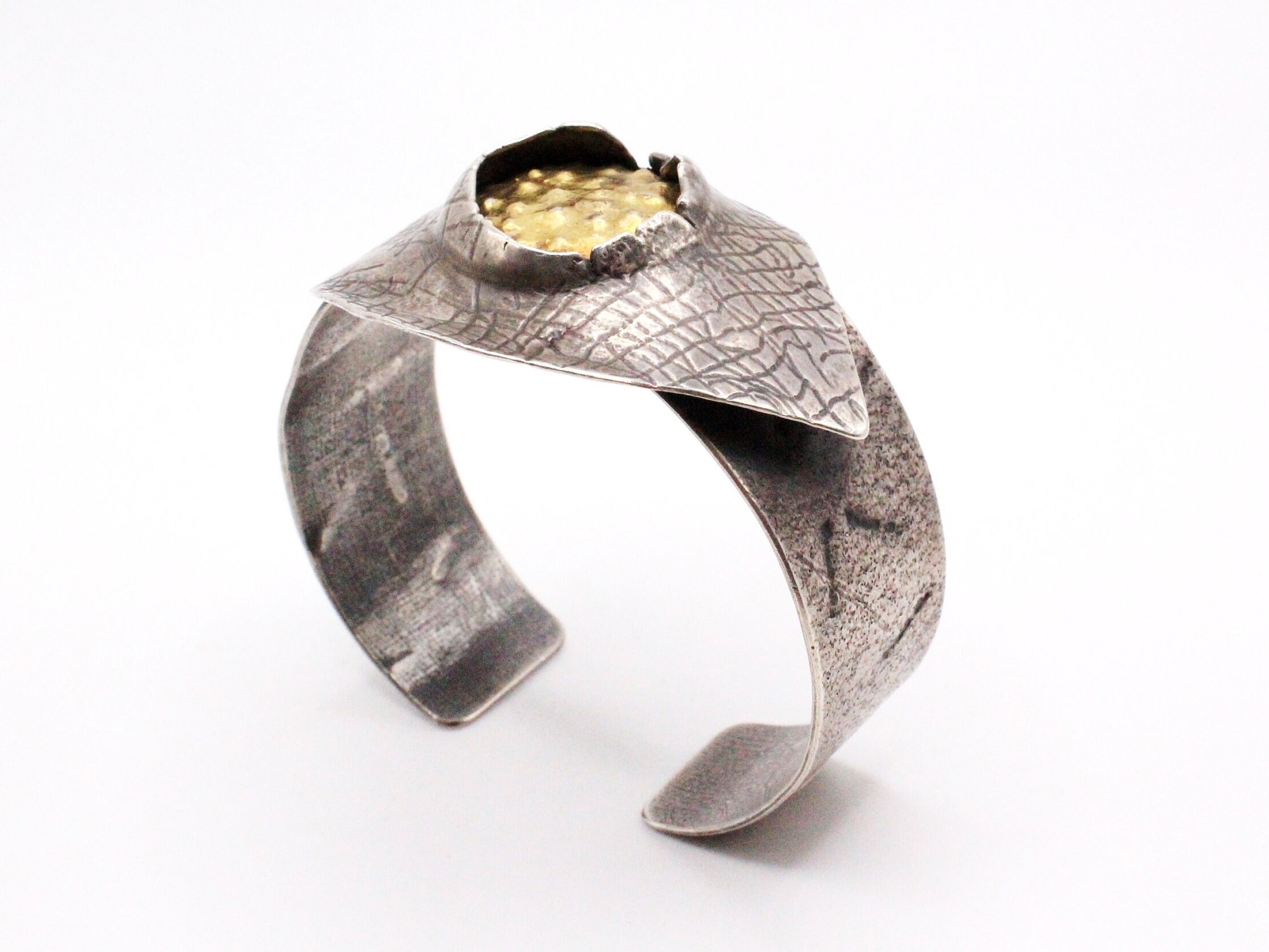 Hallmarked Studio Artisan Modernist Brutalist 14K Gold Sterling Silver ...
