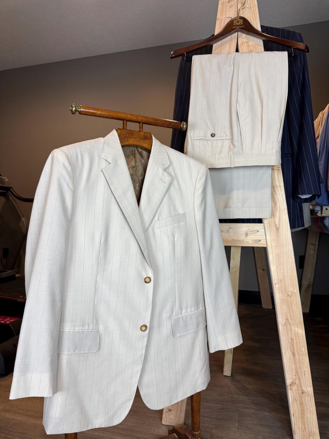 Custom Made Astor & Black Cashmere Silk Beige Stripes Suit Sz XL - Etsy