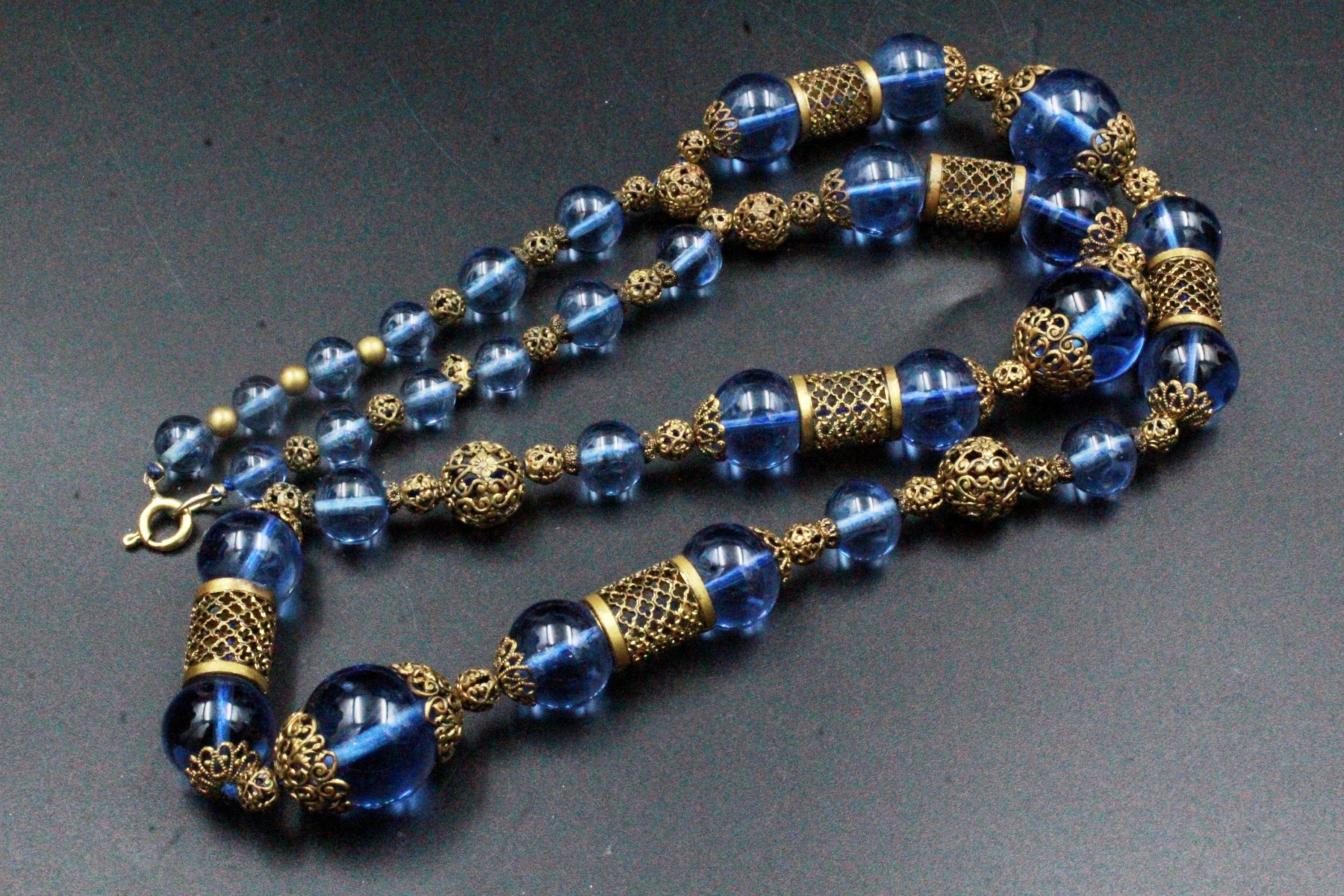 Vintage 40's Barrel Cobalt Blue Bead Graduating Filigree Art Deco Long ...