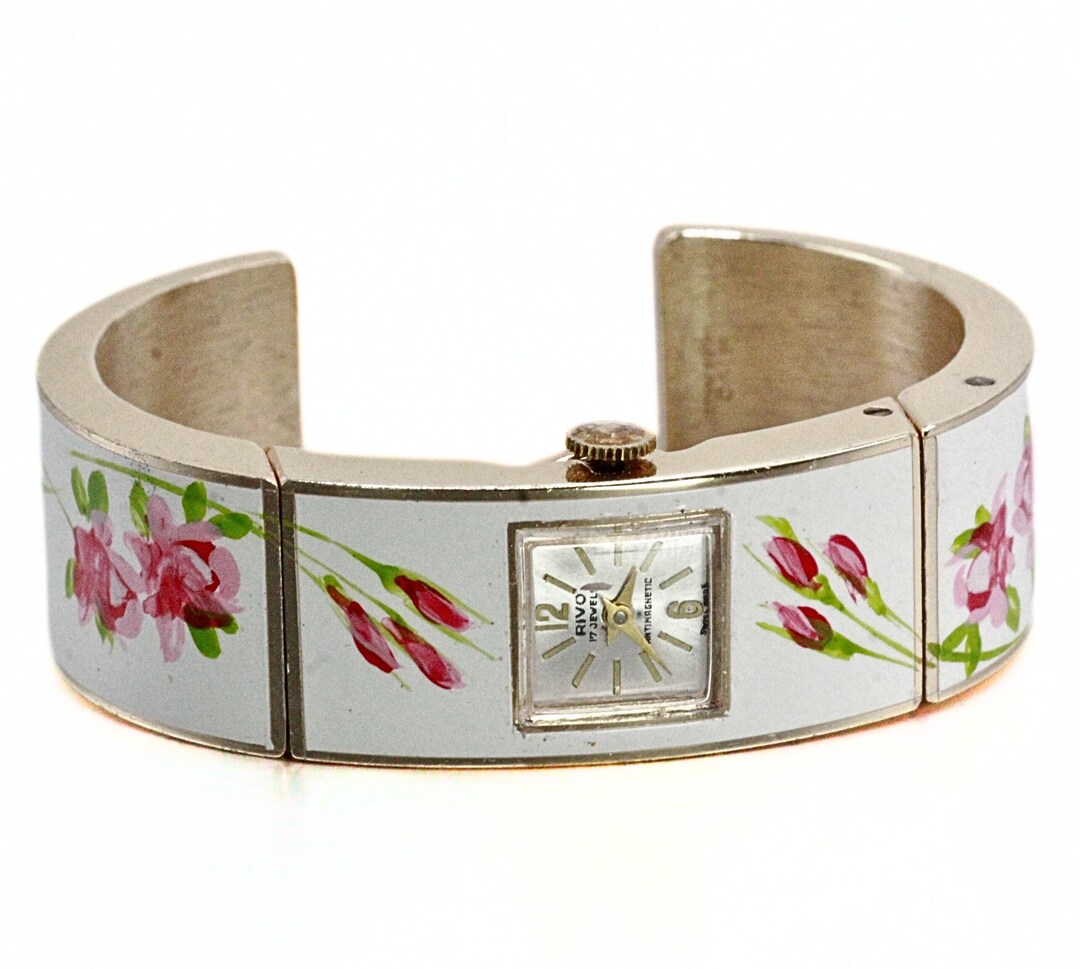 Rare Rivo White Pink Floral Enamel Gold Tone Wind up Wrist Watch - Etsy