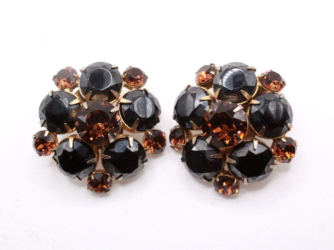 Vintage Black Glass Rootbeer Glass Rhinestones Large Clip Earrings - Etsy
