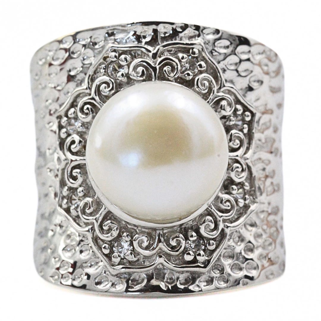 BBJ Signed NWT Wide Textured Sterling Silver Freshwater Pearl Statement ...