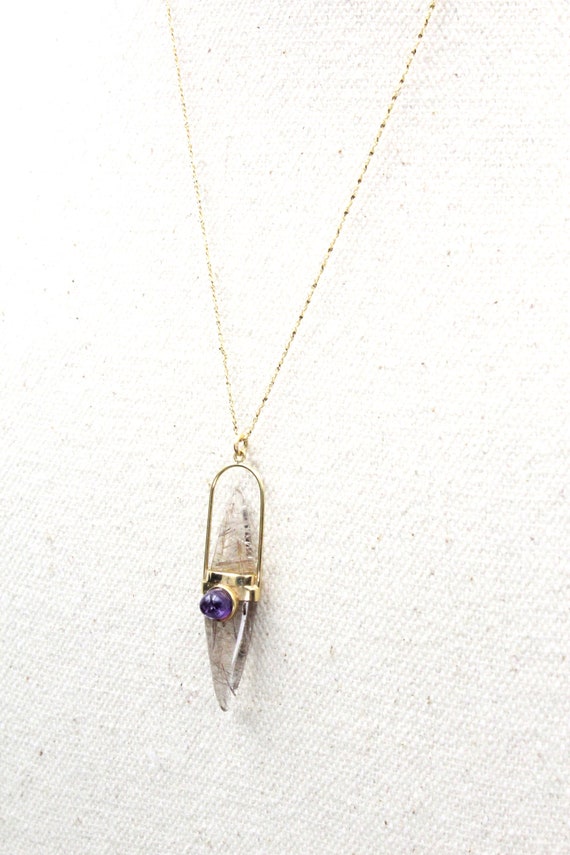 14k Gold Modern Rutilated Quartz Amethyst Necklace - Gem