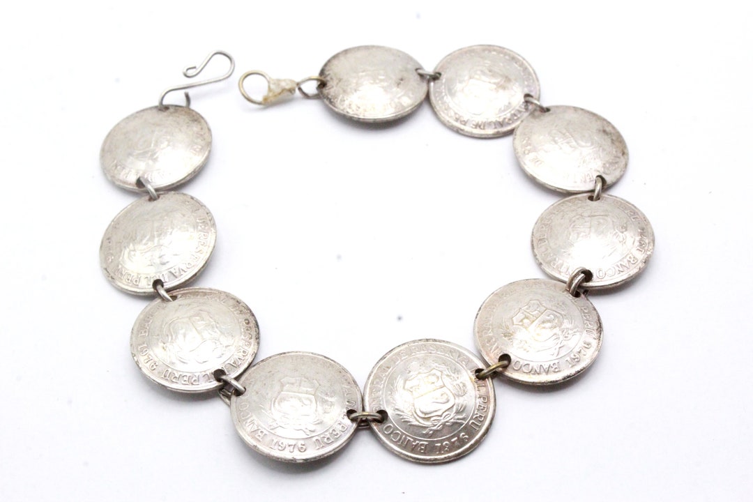 Vintage Peru Tupac Amaru Coin Silver Link Bracelet - Etsy