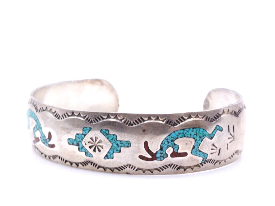 Handsome Henry Baca Navajo Sterling Silver Turquoise Coral Inlaid Cuff ...
