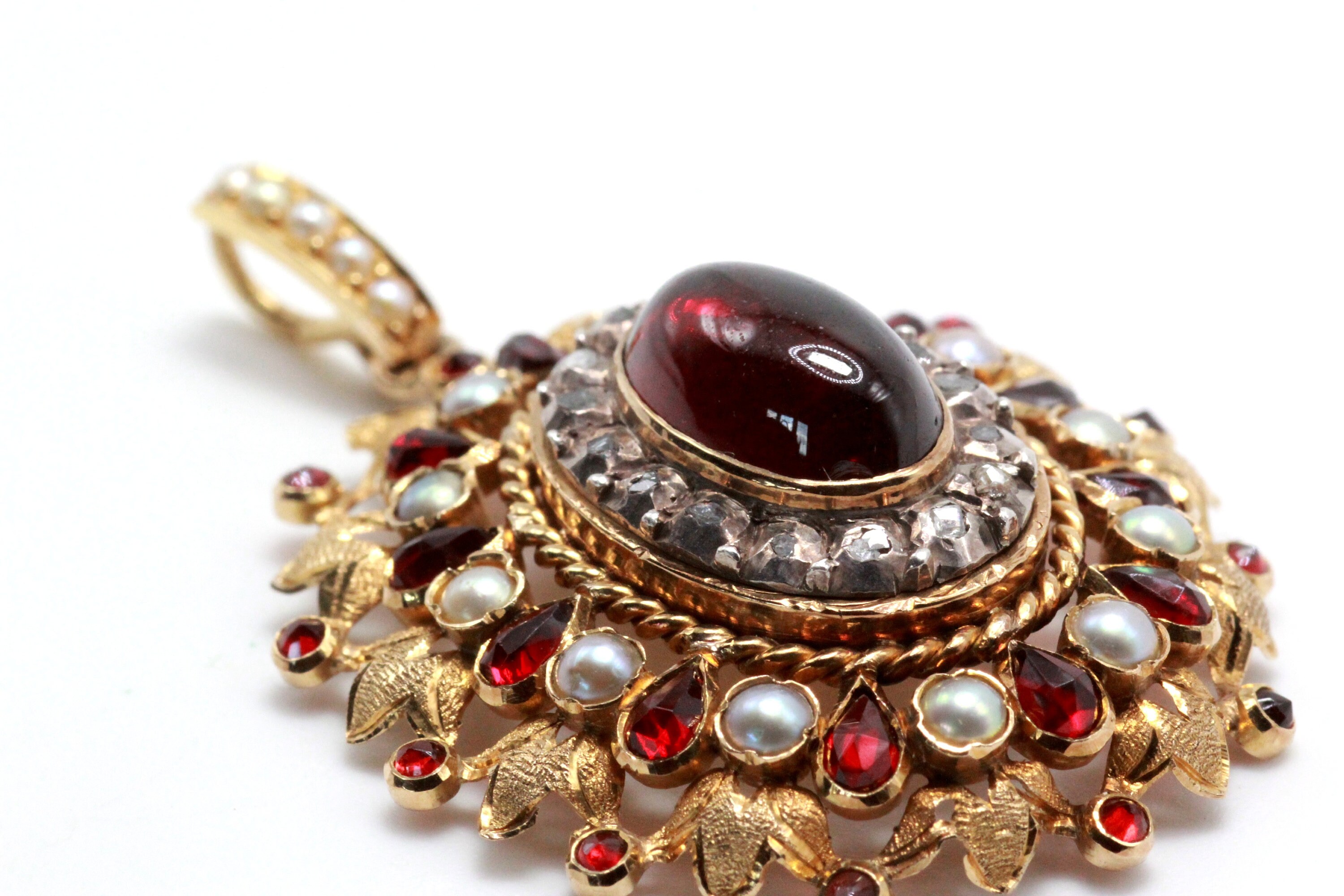 Antique 19K Gold Garnet Carbuncle Diamond Pearl Cranberry Portuguese ...
