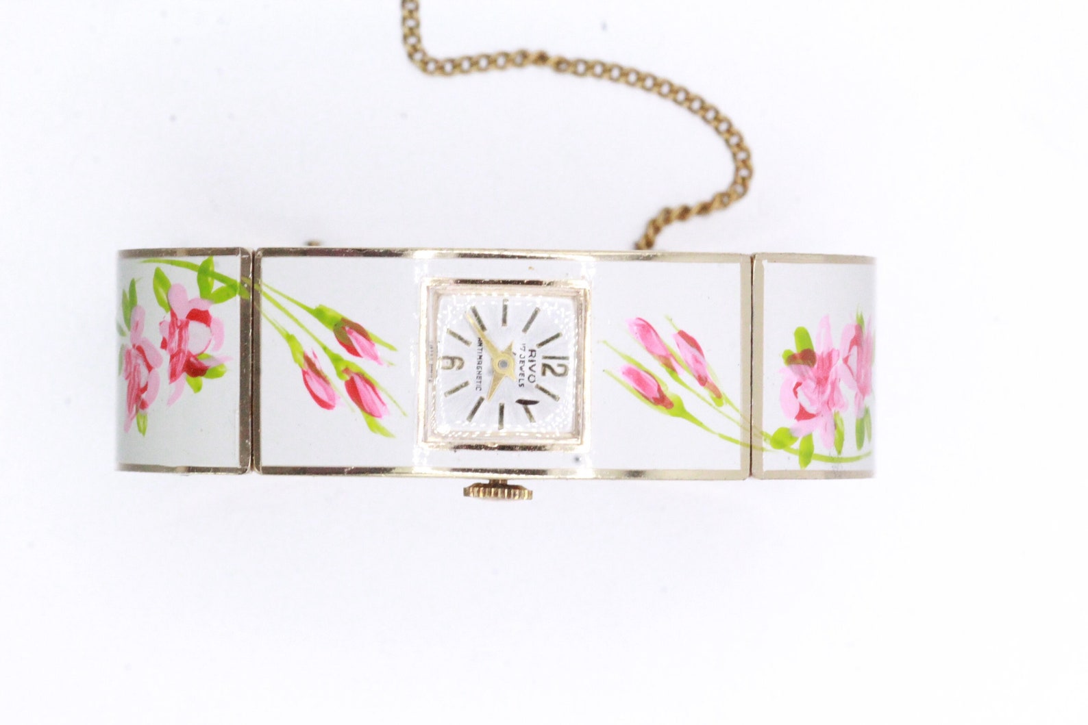 Rare Rivo White Pink Floral Enamel Gold Tone Wind up Wrist Watch - Etsy