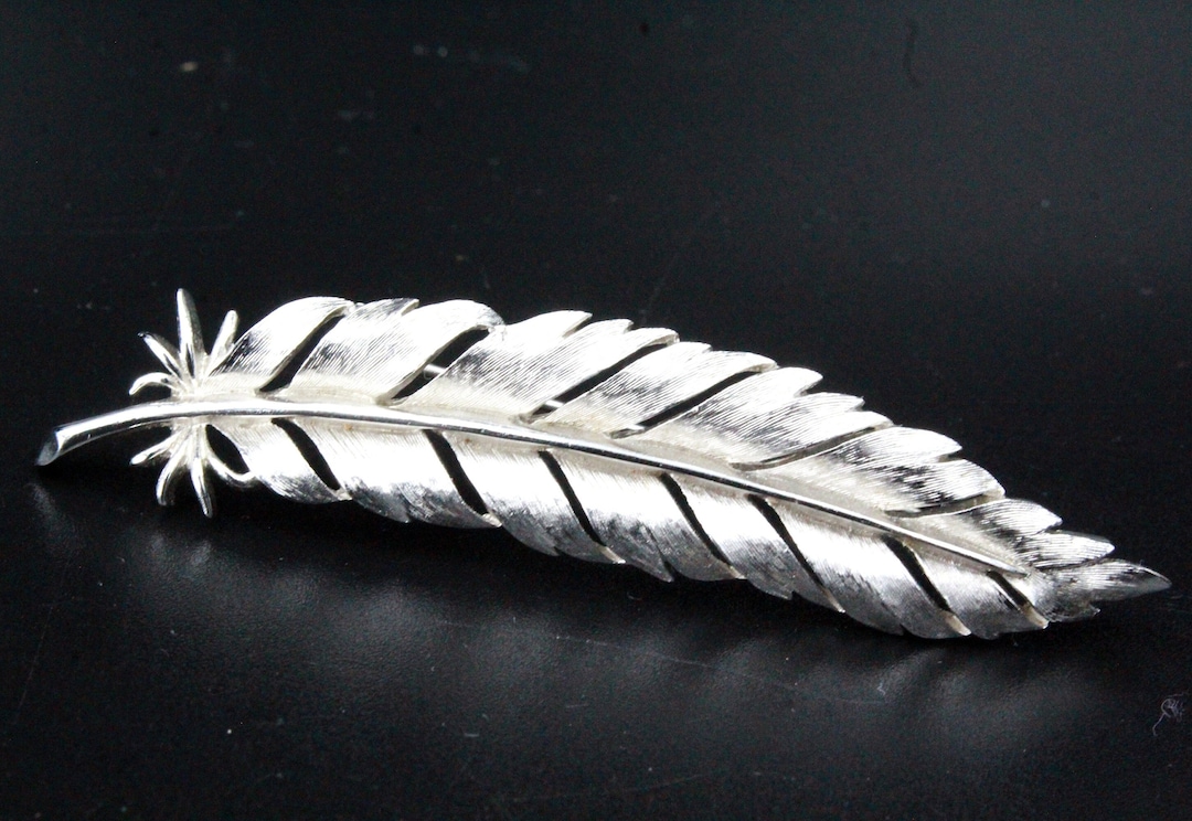 Crown Trifari Logo Silver Tone Textured Feather Signed Designer Brooch ...