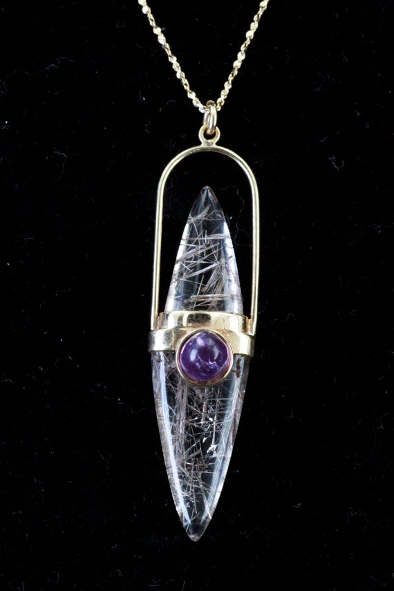 14k Gold Modern Rutilated Quartz Amethyst Necklace - Gem