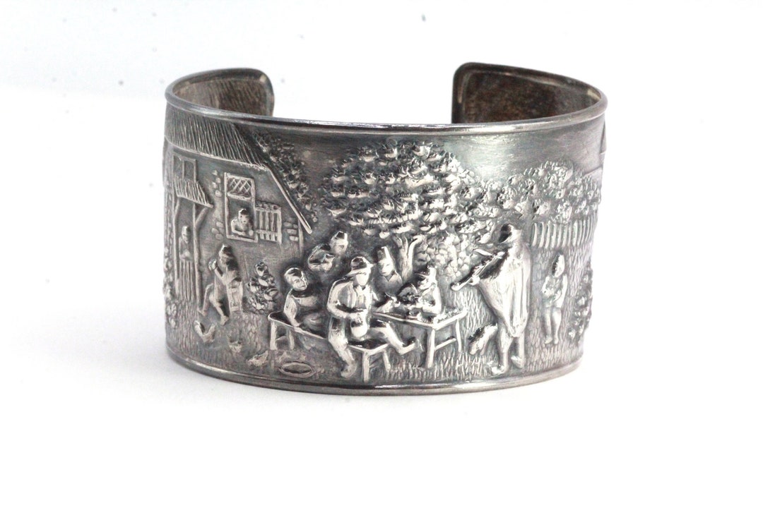 Antique Hans Jensen Danish Silver Plate Repousse Embossed Scene Cuff ...