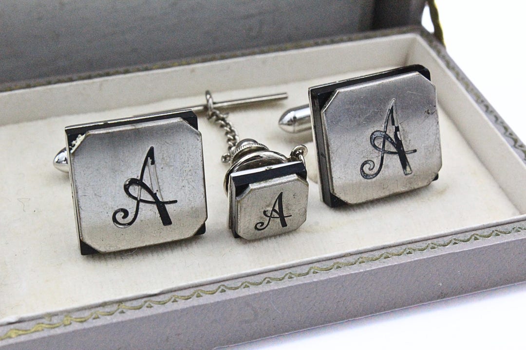 Swank Designer Signed Monogram Overlay Silver Matte Cufflinks Tie Tac ...