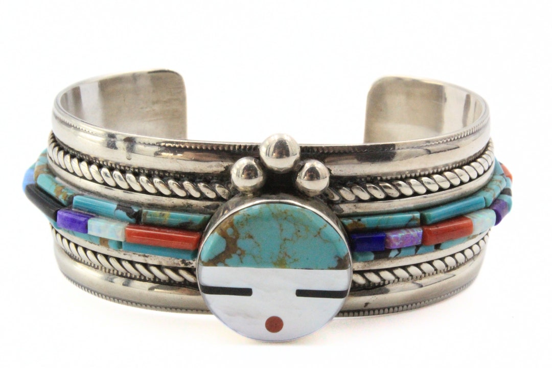 Navajo Len Adakai Sun Face Mosaic Inlay Sterling Silver Cuff Bracelet ...