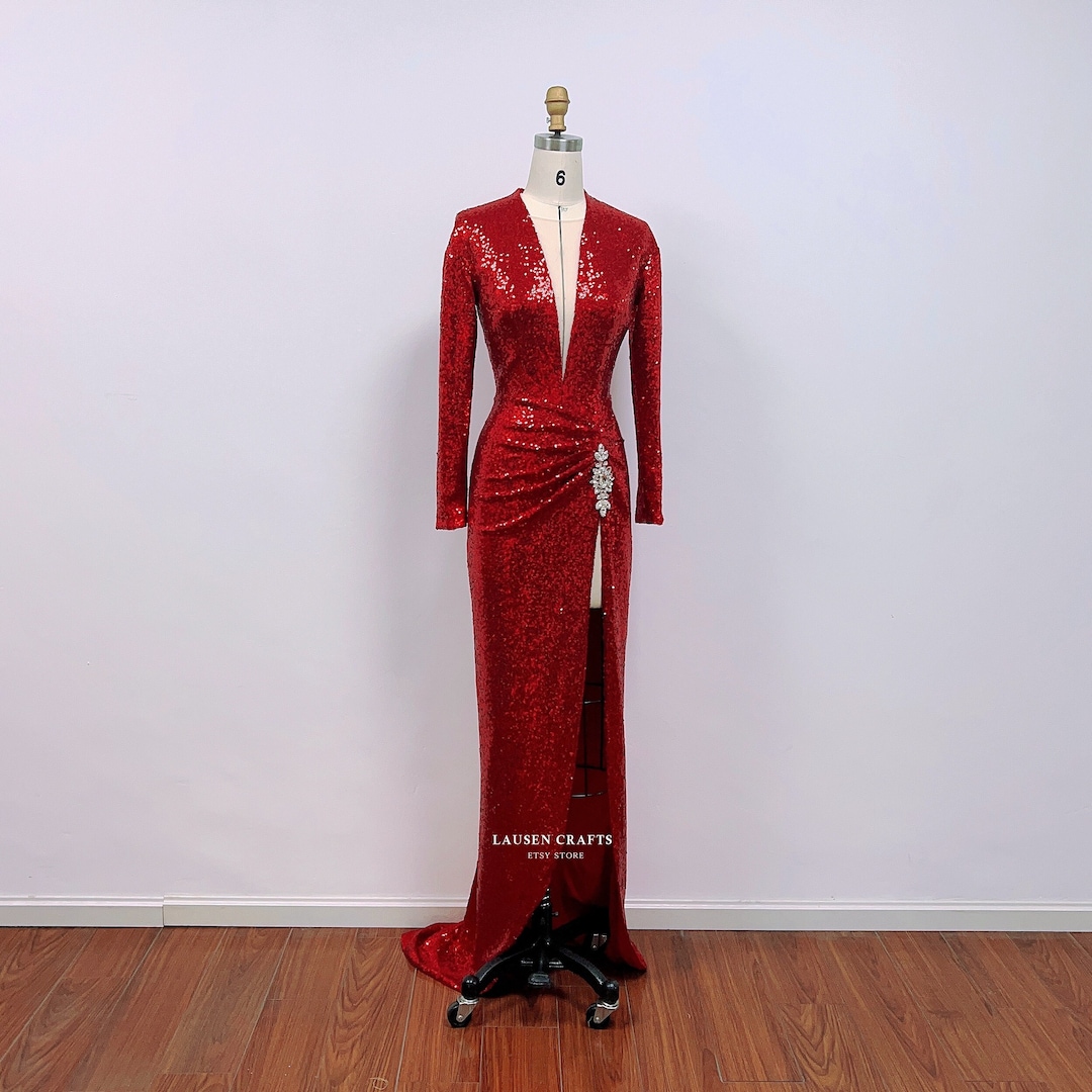 Red Sequin Dress Marilyn, Long-sleeve Sequin Dress, Red Sequin Gown - Etsy