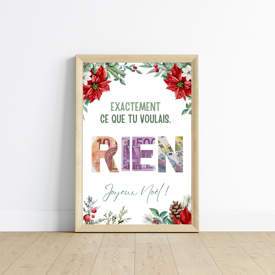 Cadeau argent noël Rien, affiche message surprise pour billets à offrir ...