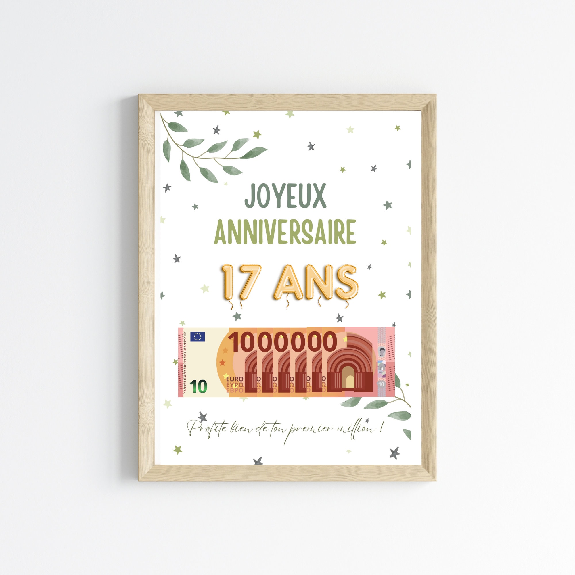Cadeau argent anniversaire 17 ans, ton premier million, affiche message ...
