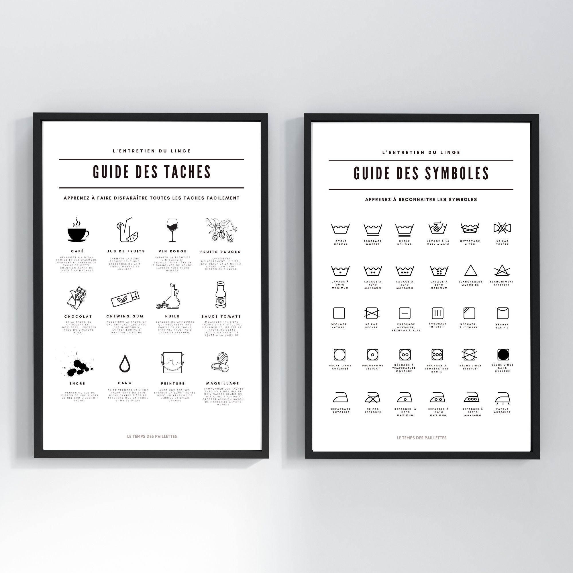 Set 3 affiches buanderie, Guide salle à lavage, symbole lave linge ...