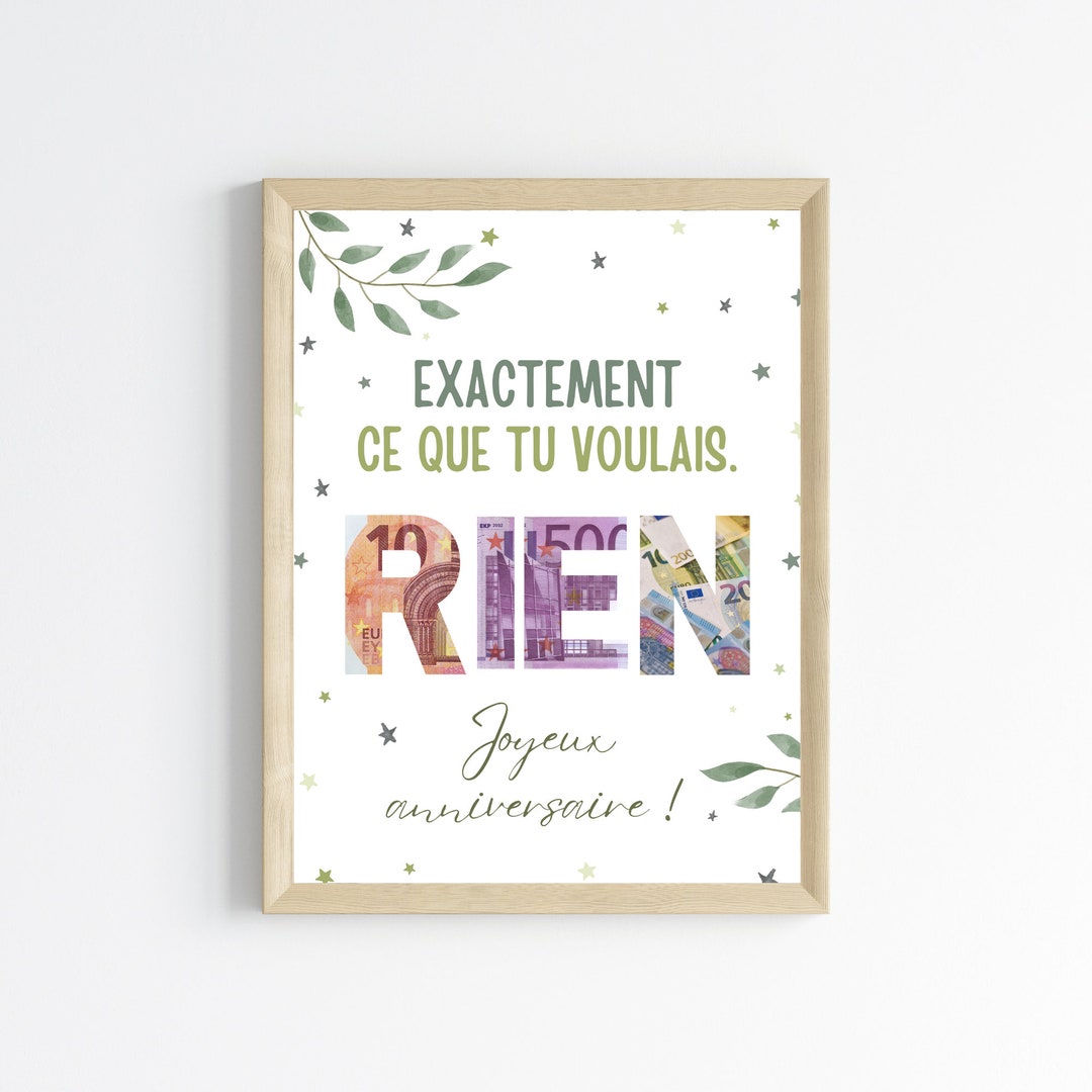 Cadeau argent anniversaire Rien, affiche message surprise pour billets ...