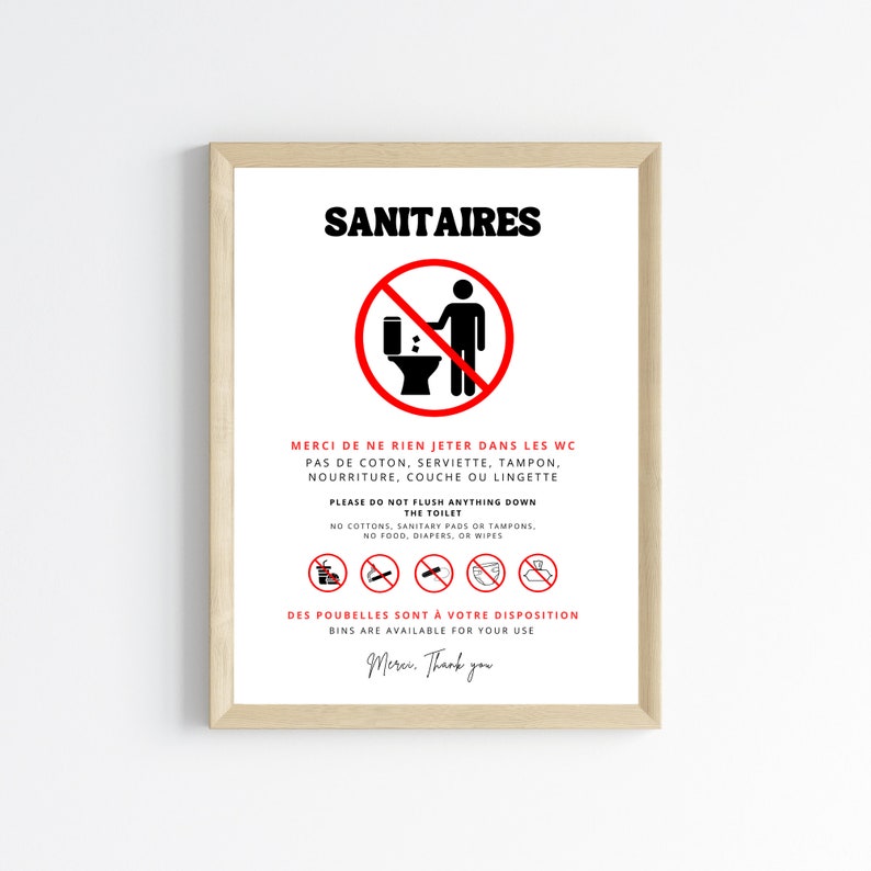 Affiche Sanitaires Ne rien jeter dans les WC en français et anglais ...