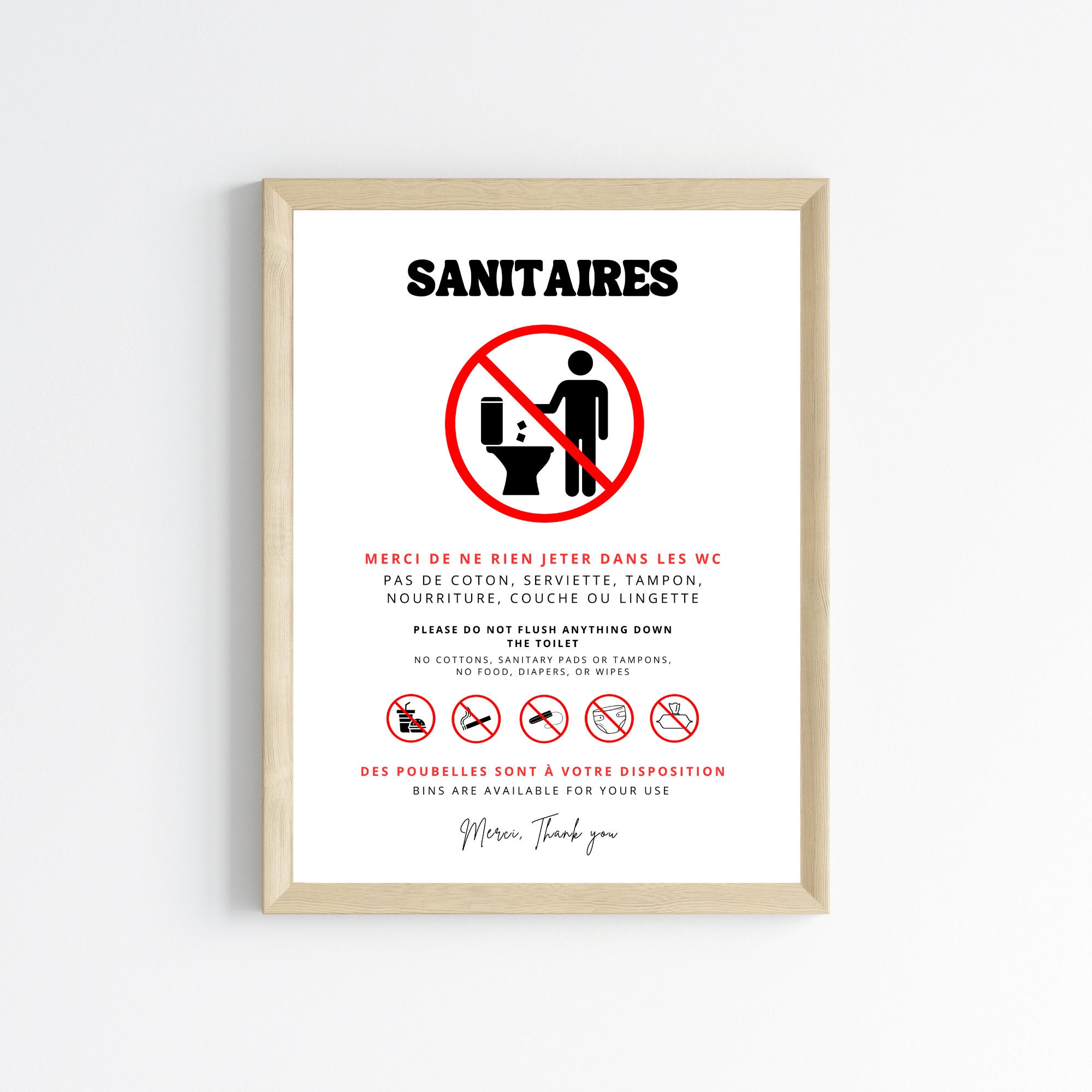Affiche Sanitaires Ne rien jeter dans les WC en français et anglais ...