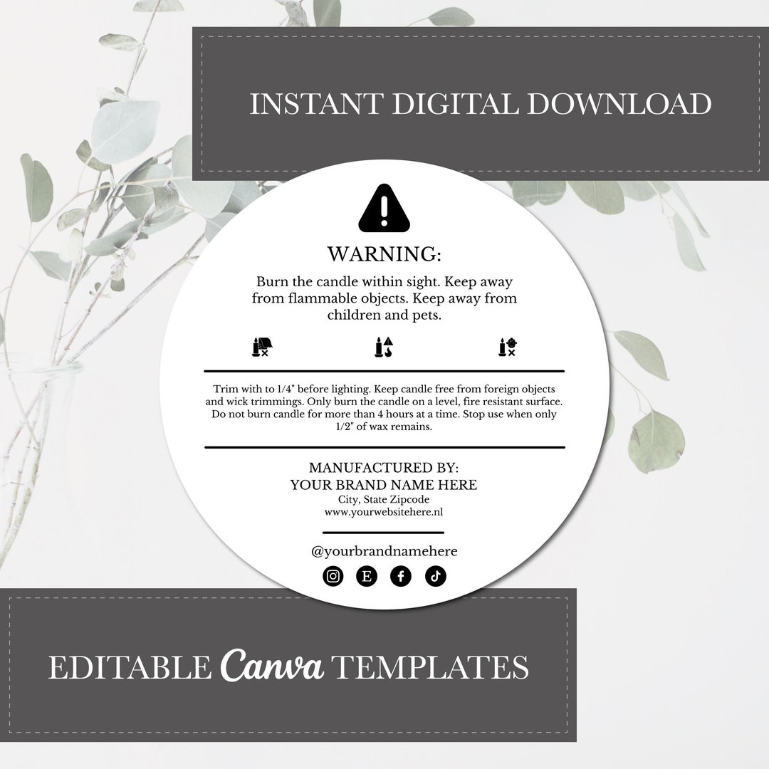 Candle Warning Label Template 2" Circle Design DIGITAL DOWNLOAD ...