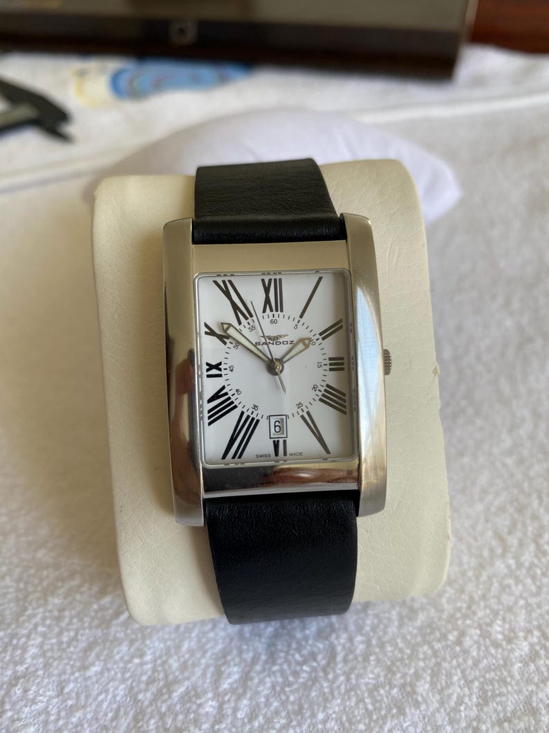 Sandoz Tank Swiss Rectangular Watch Roman Numerals Quartz Date Vintage ...