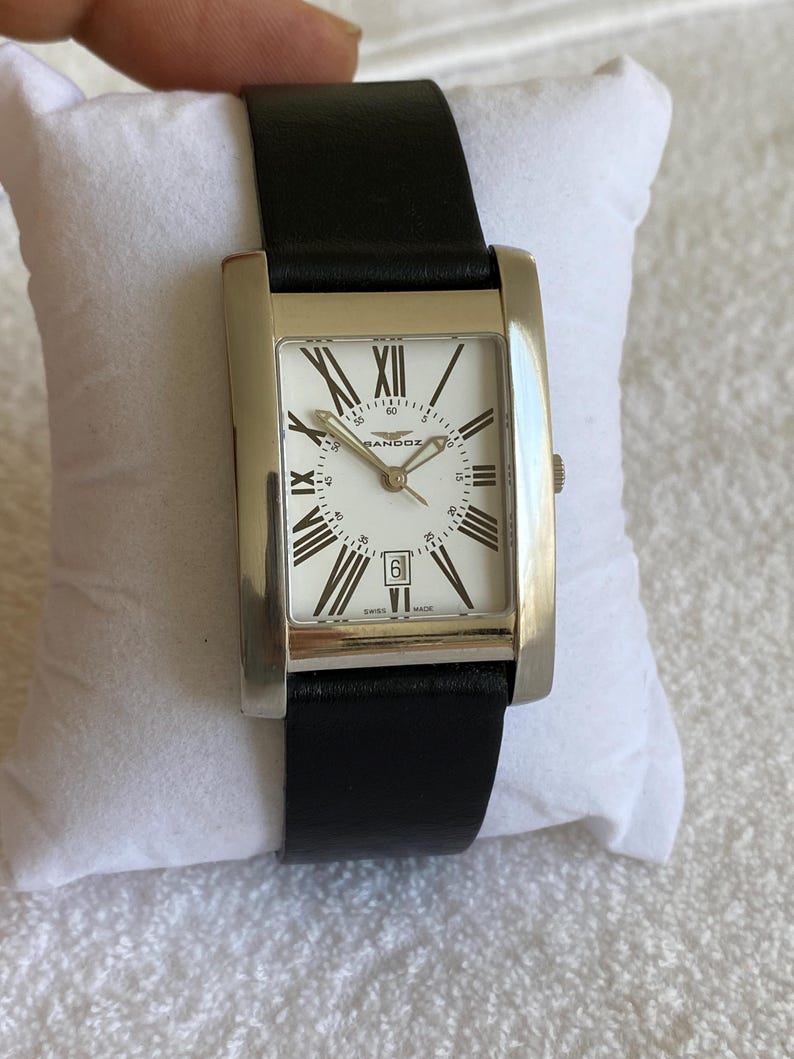 Sandoz Tank Swiss Rectangular Watch Roman Numerals Quartz Date Vintage ...