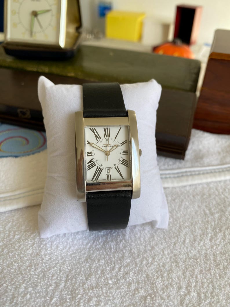 Sandoz Tank Swiss Rectangular Watch Roman Numerals Quartz Date Vintage ...