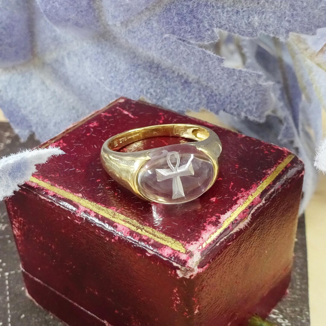 Vintage 9ct Gold Ankh Rock Crystal Ring, Uri Geller Design, UK Size L ...