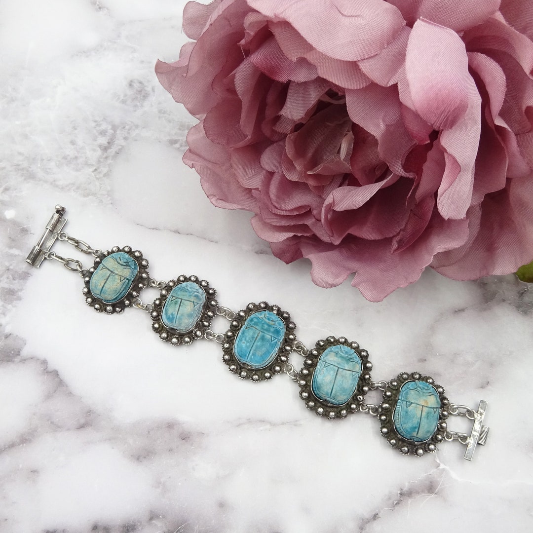 Vintage Egyptian Silver Scarab Beetle Bracelet, Turquoise Blue Glazed ...