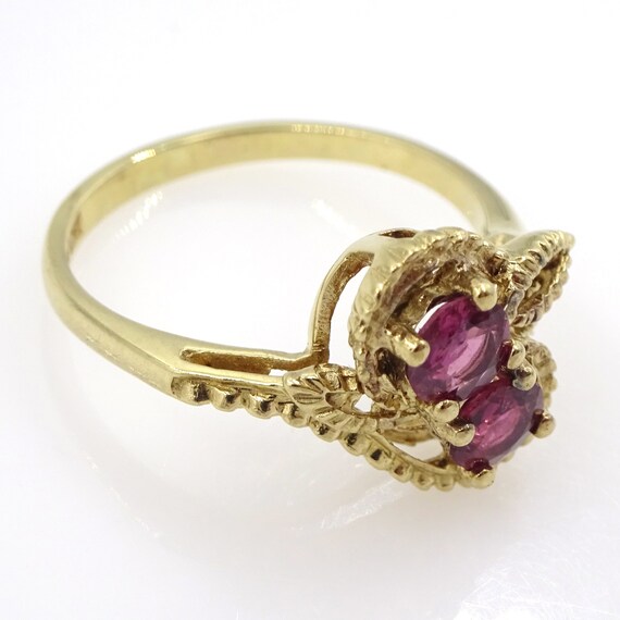 Vintage 9ct gold two stone Ruby crossover leaf ring U… - Gem