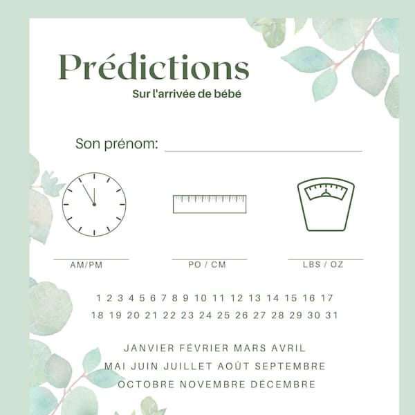 Jeu Prédictions Carton Shower De Bébé En Français, Naissance, Devinette ...