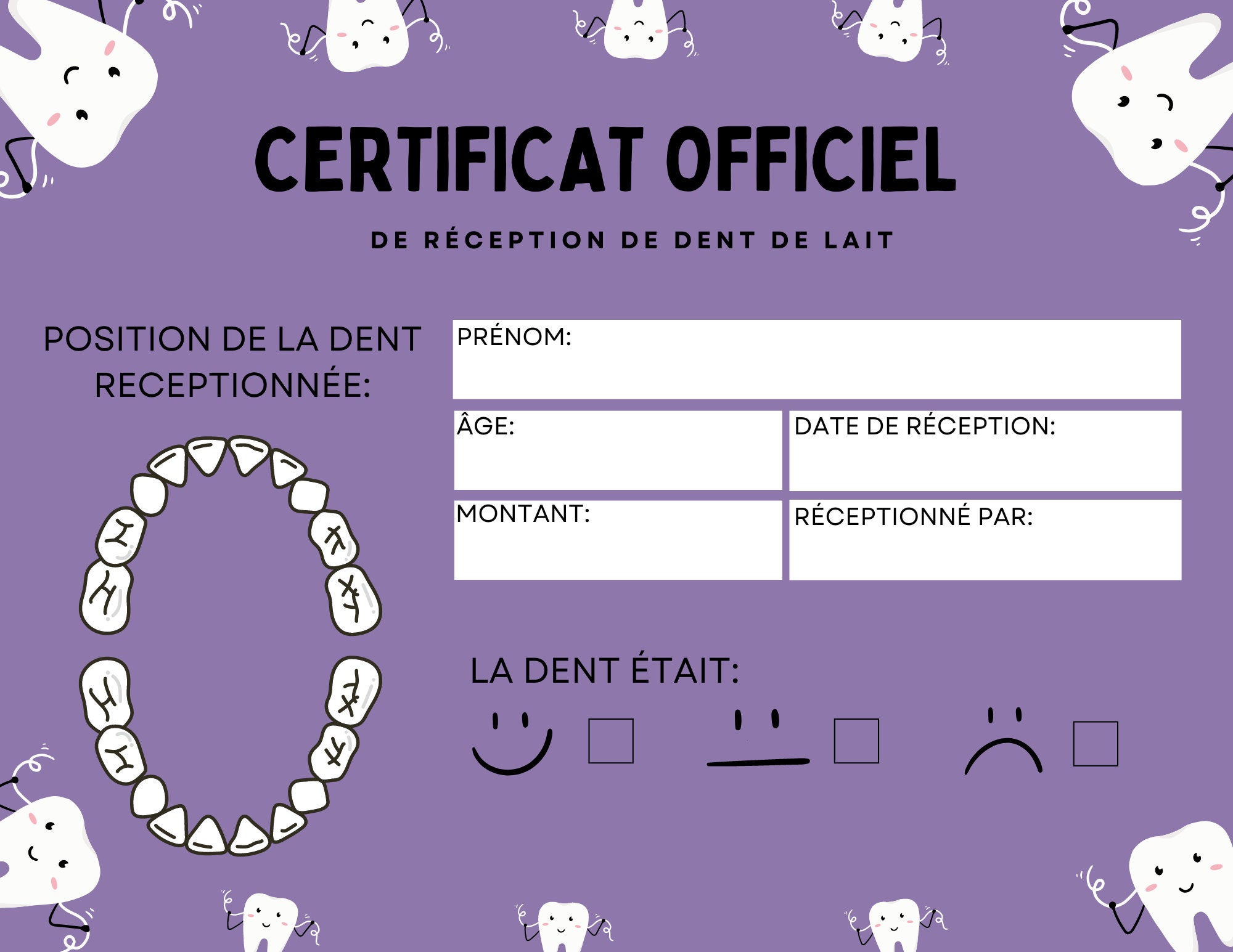 La Fée Des Dents Reçu Certificat Officiel Perte De Dents Pour Enfants ...