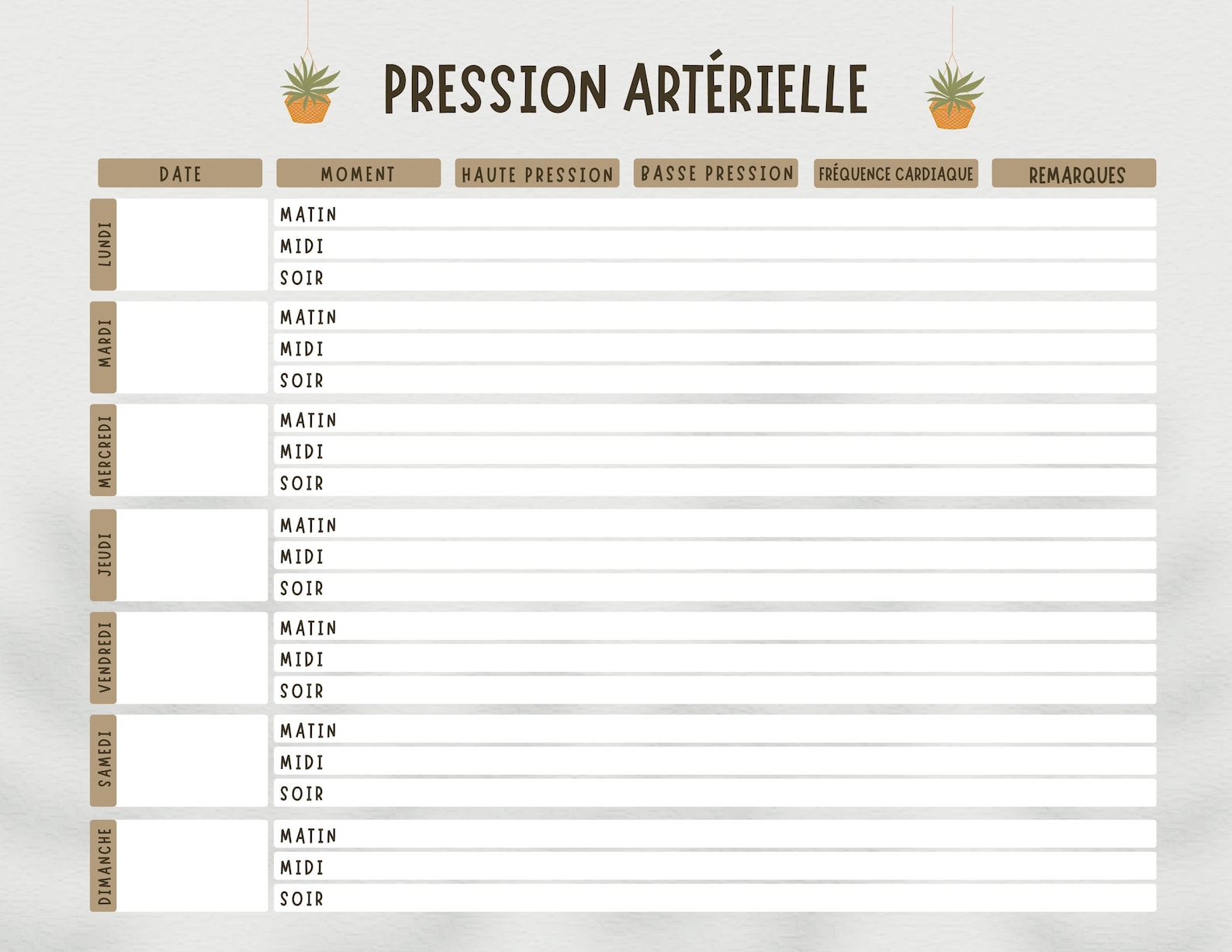 Pression Artérielle Tableau à Imprimer, Digital Blood Pressure Chart in French, Imprime Basse ...