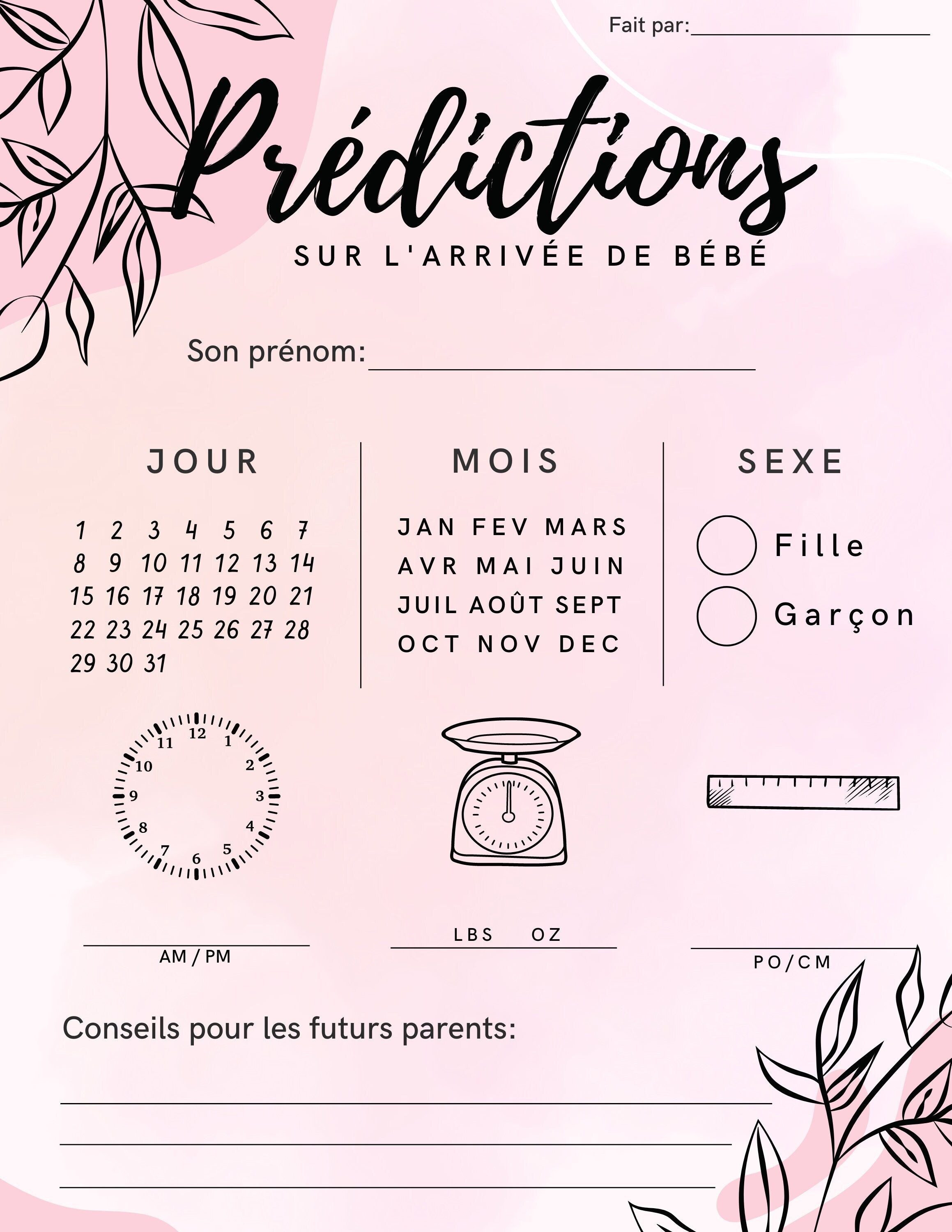 Jeu prédictions Carton prédiction shower de bébé en français Naissance ...