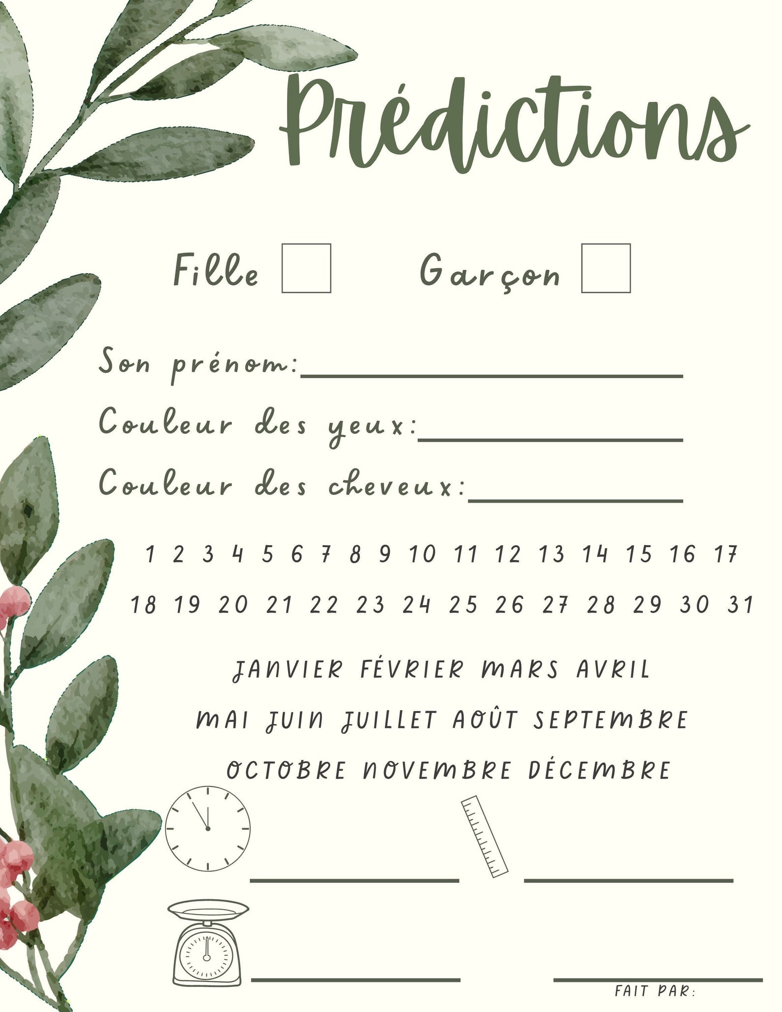 Jeu Prédictions Carton Prédiction Shower De Bébé En Français Naissance ...