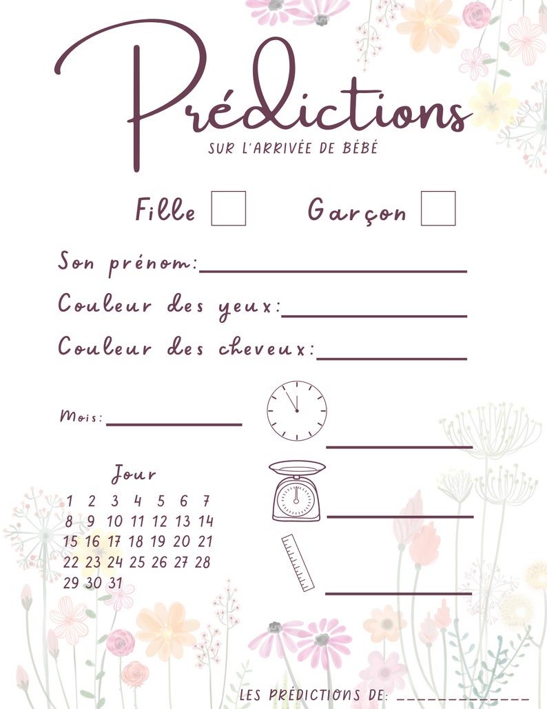 Jeu Prédictions Carton Shower De Bébé En Français, Naissance, Devinette ...