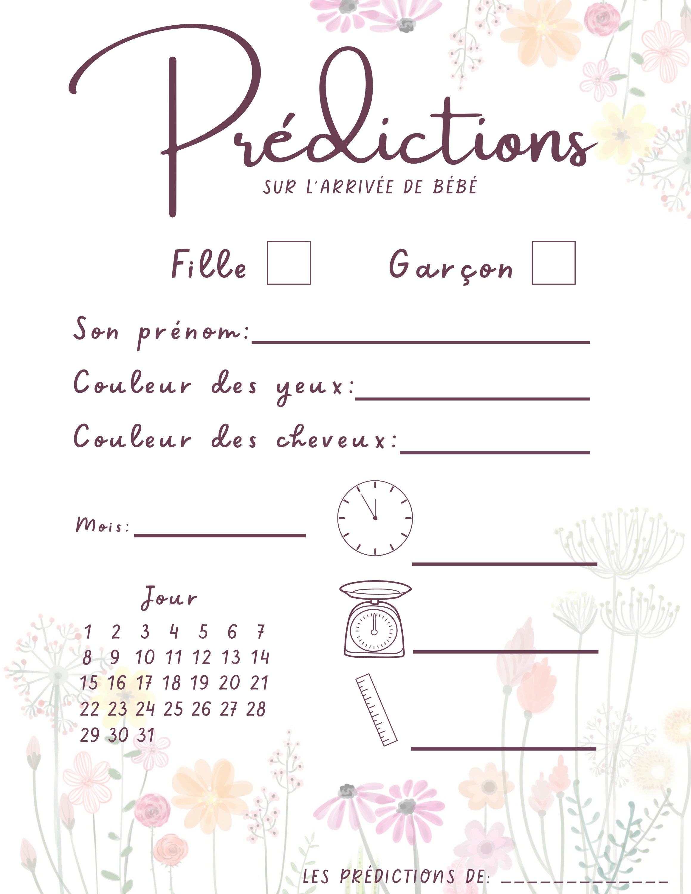 Jeu Prédictions Carton Shower De Bébé En Français, Naissance, Devinette ...