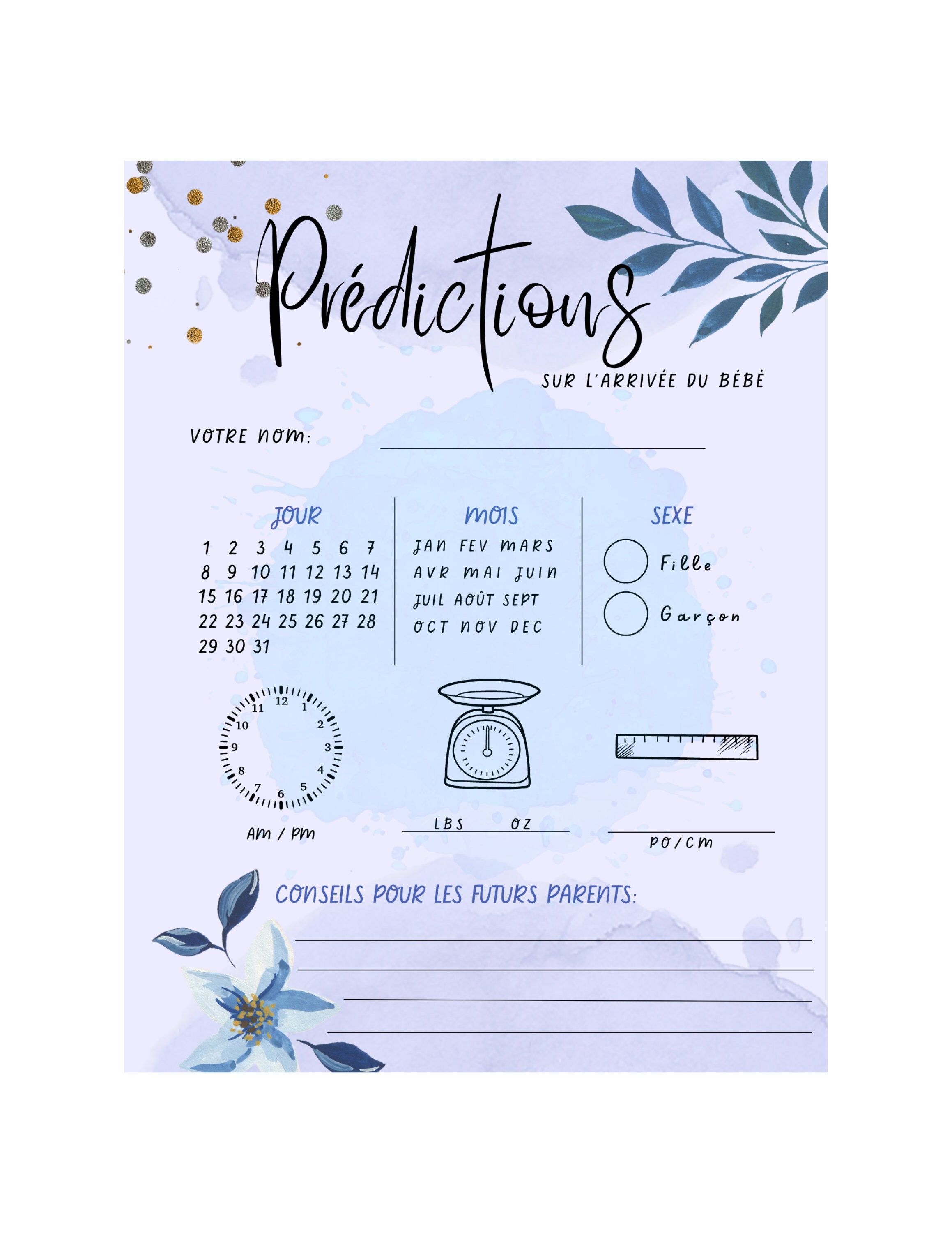 Jeu Prédictions Carton Prédiction Shower De Bébé En Français Naissance ...