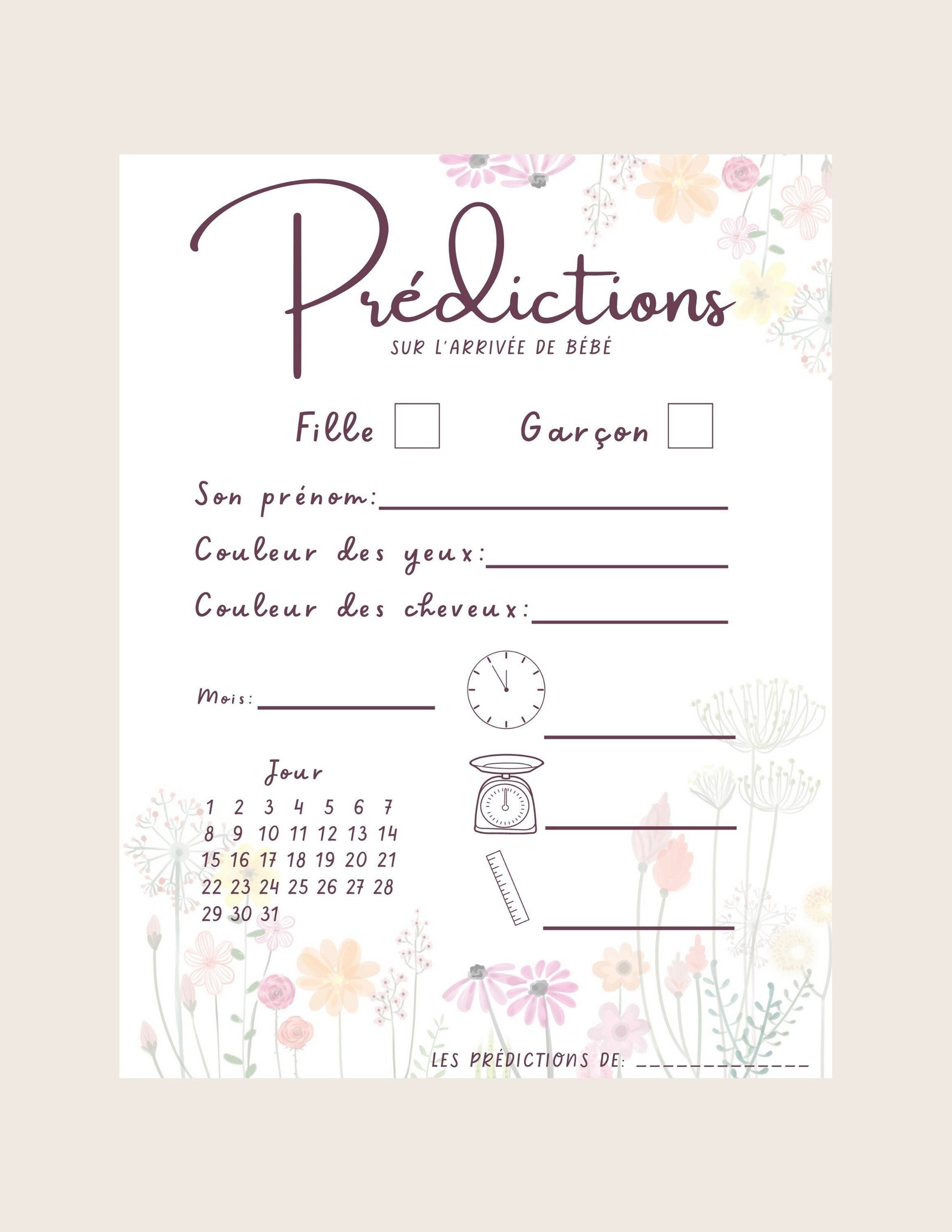 Jeu Prédictions Carton Shower De Bébé En Français, Naissance, Devinette ...