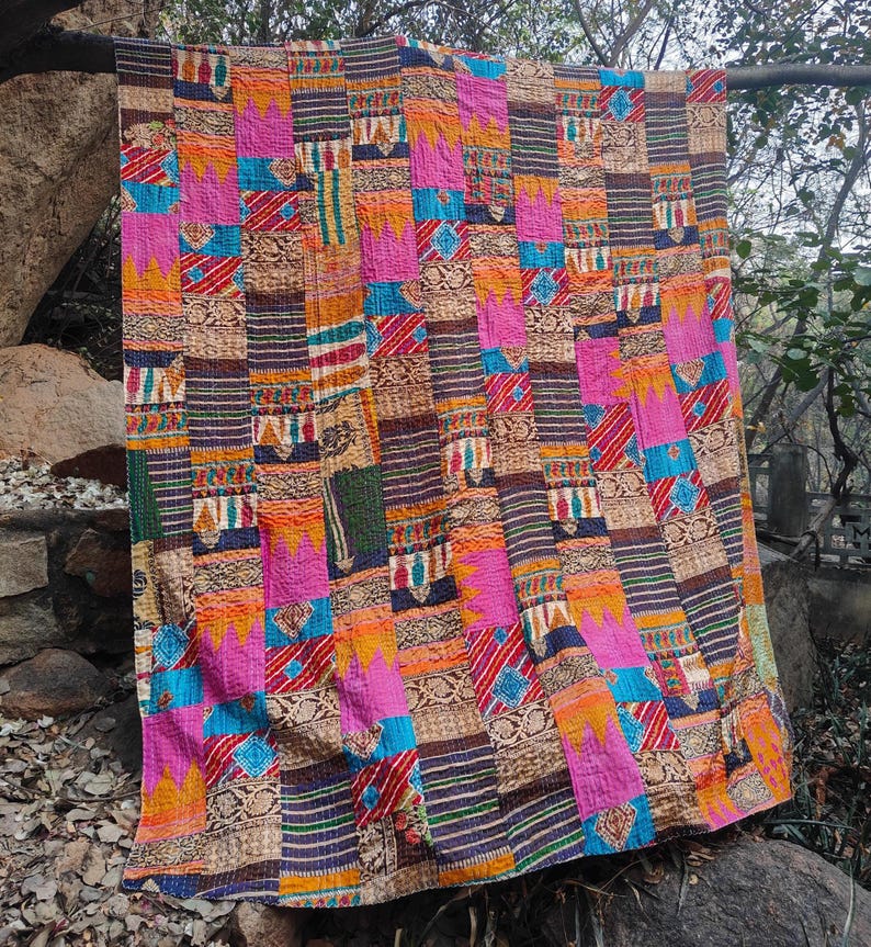 Patchwork Kantha Quilt – Bohemian Silk Throw | Hand Stitched Vintage ...