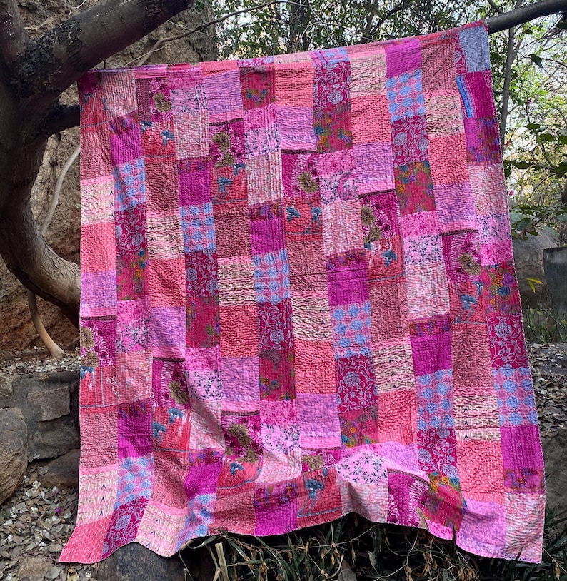 Patchwork Kantha Quilt – Bohemian Silk Throw | Hand Stitched Vintage ...