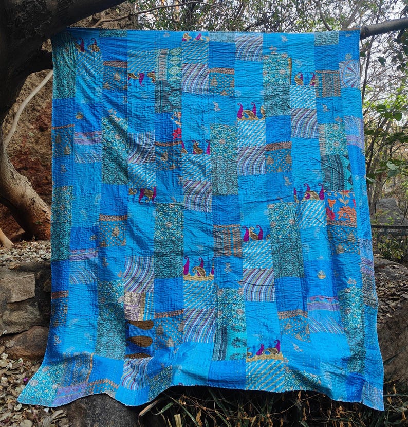 Patchwork Kantha Quilt – Bohemian Silk Throw | Hand Stitched Vintage ...